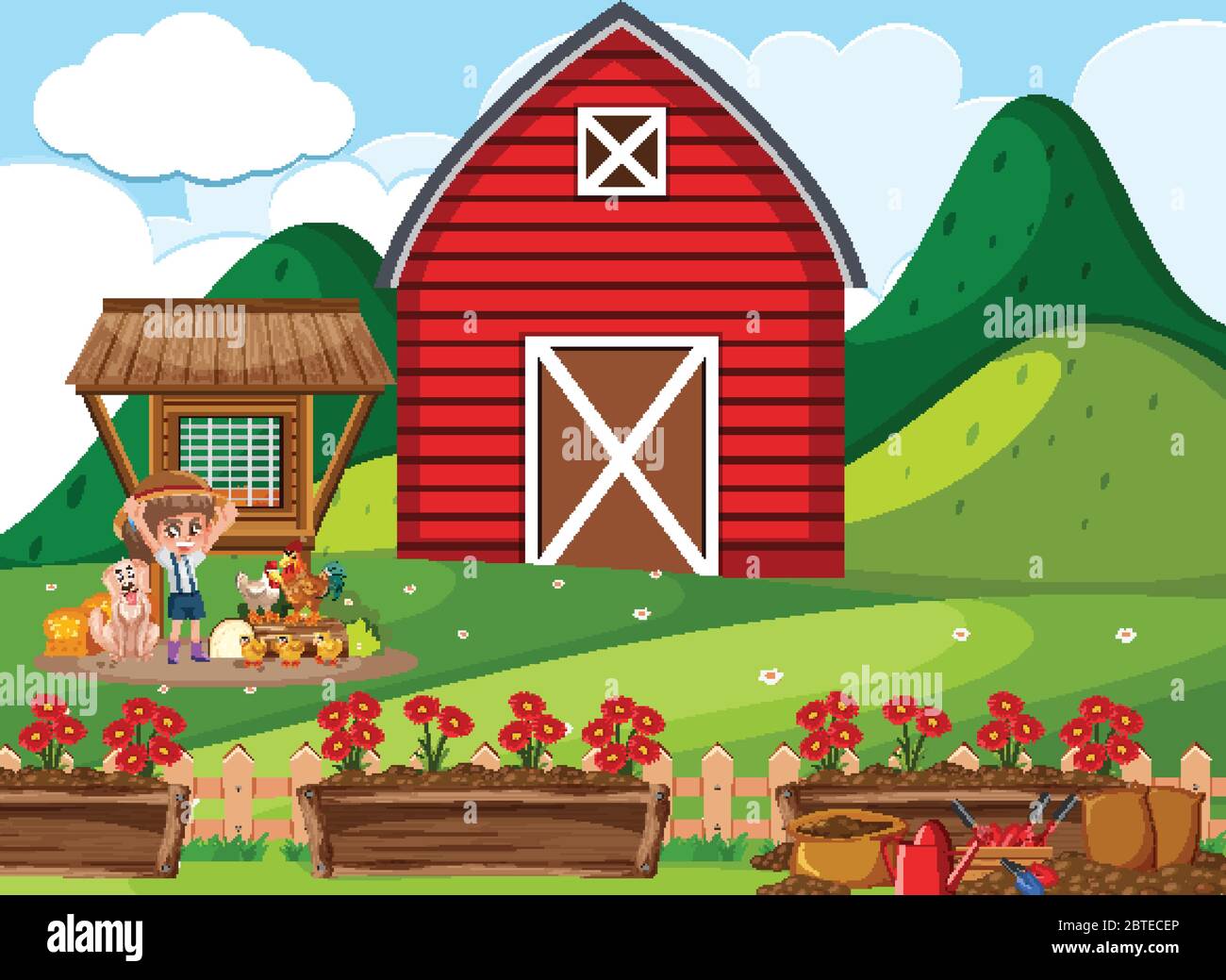 Farm scene with little girl feeding chickens on the farm illustration ...