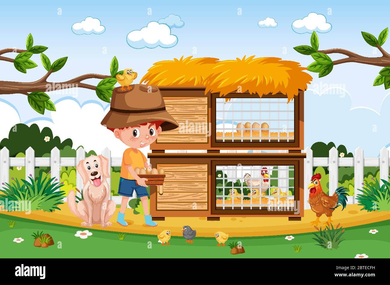 Farm scene with farmboy and chickens on the farm illustration Stock ...