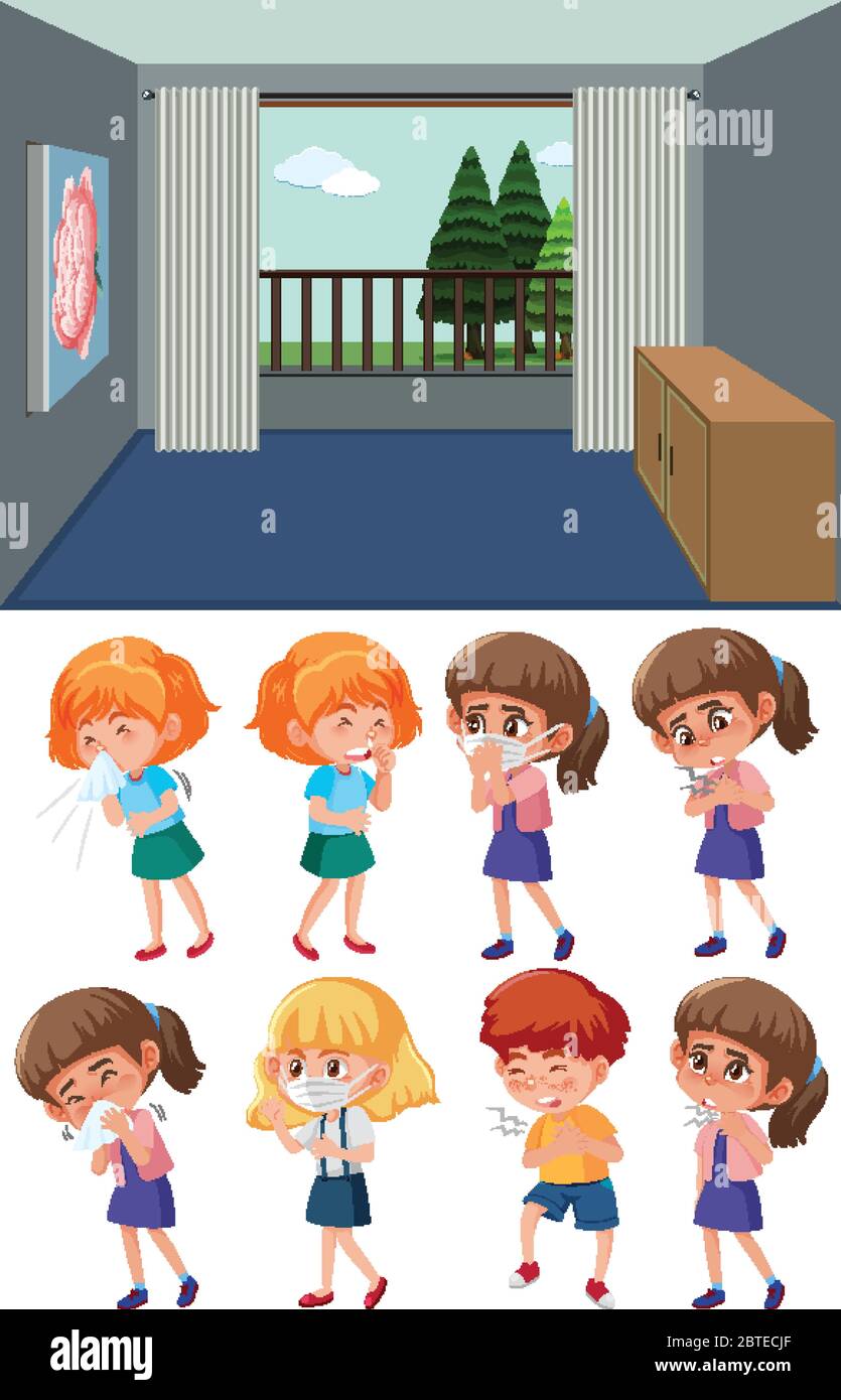 School scene and set of sick children on white background illustration ...