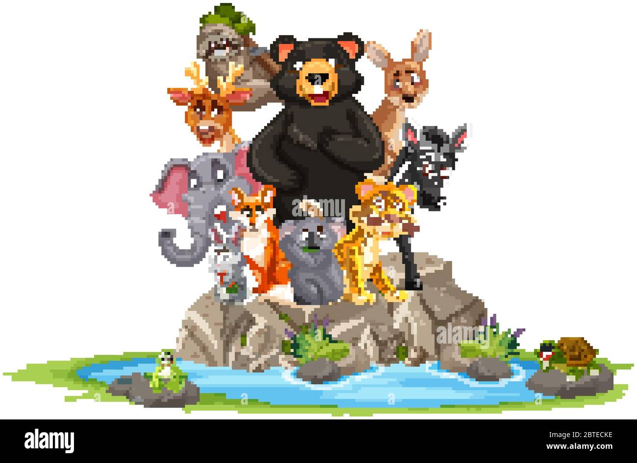 Wild animals standing on stone cartoon character on white background ...