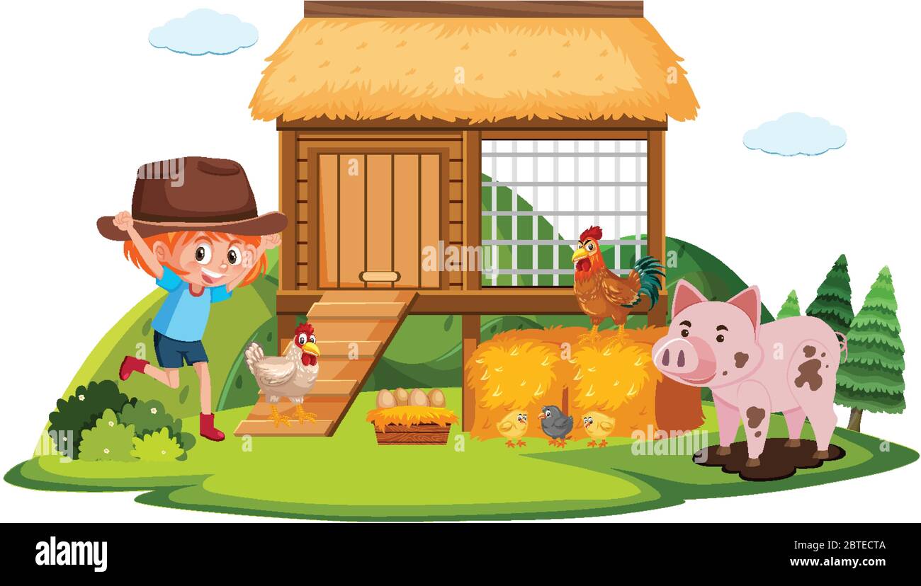Farm scene with girl and many chickens on the farm illustration Stock ...