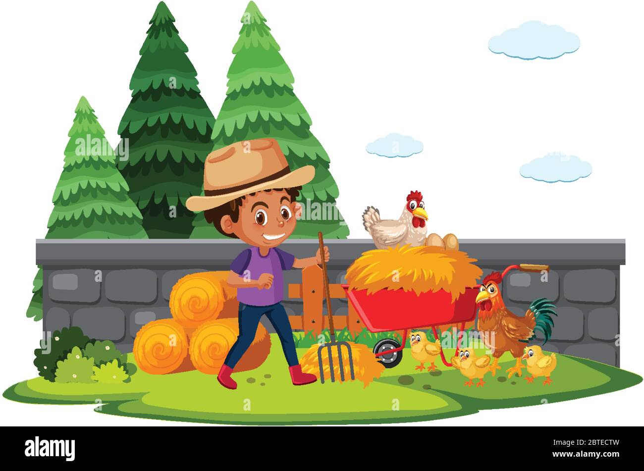 Farm scene with farmboy feeding chickens on the farm illustration Stock ...