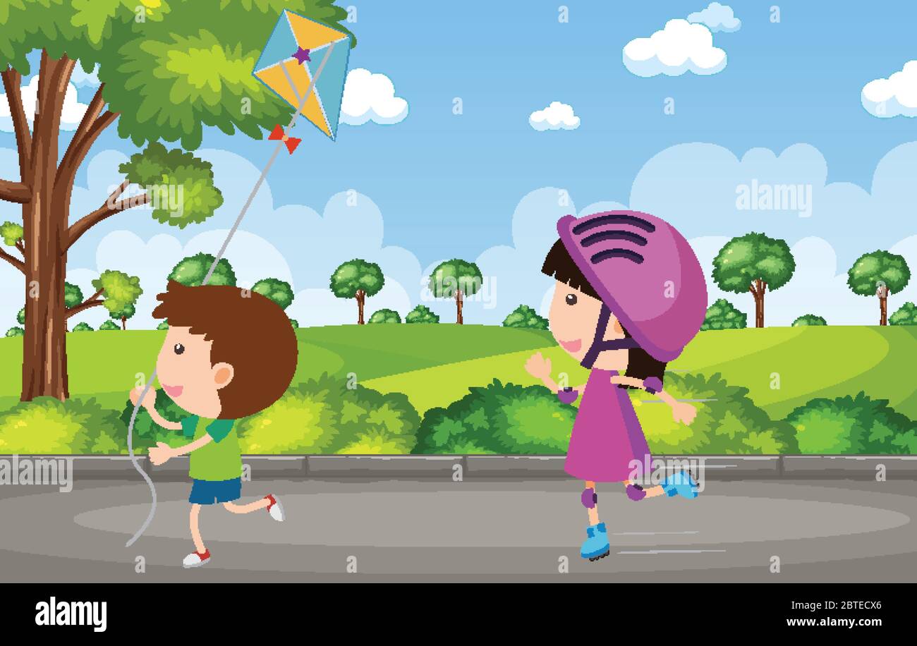 Background scene with kids playing in the park illustration Stock ...