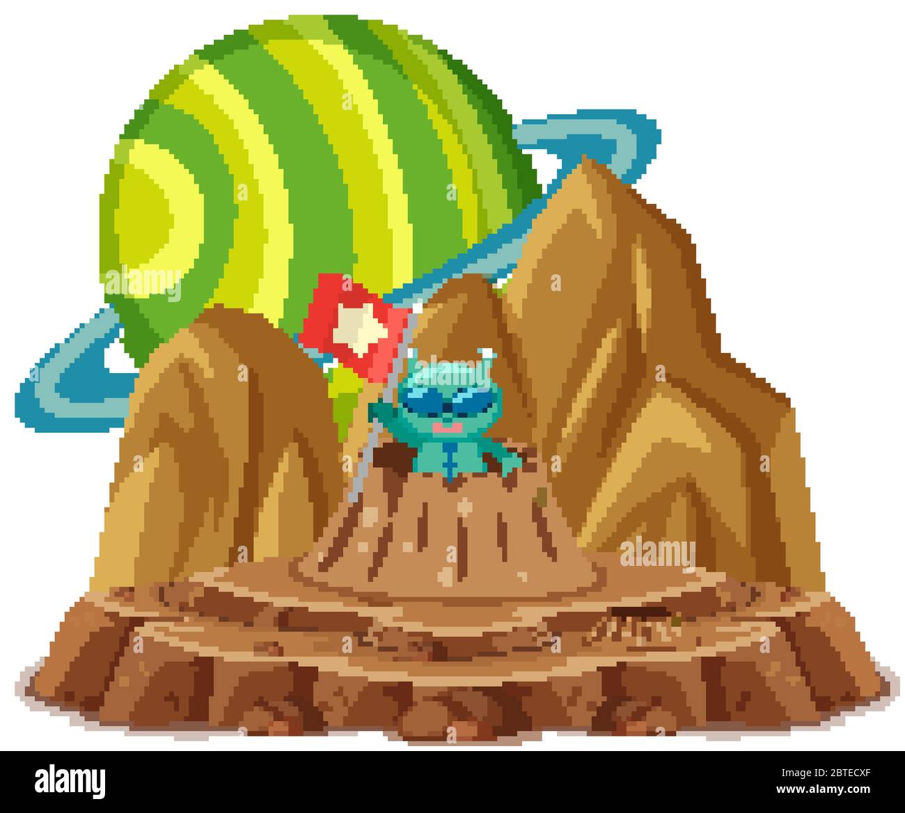 Green alien holding flag on the planet space on white background ...