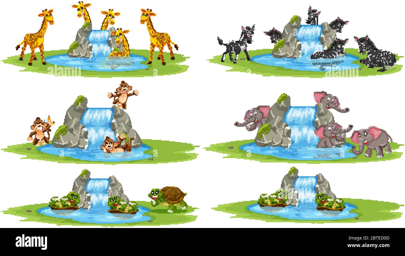 Group of wild animals and small waterfall cartoon character on white ...