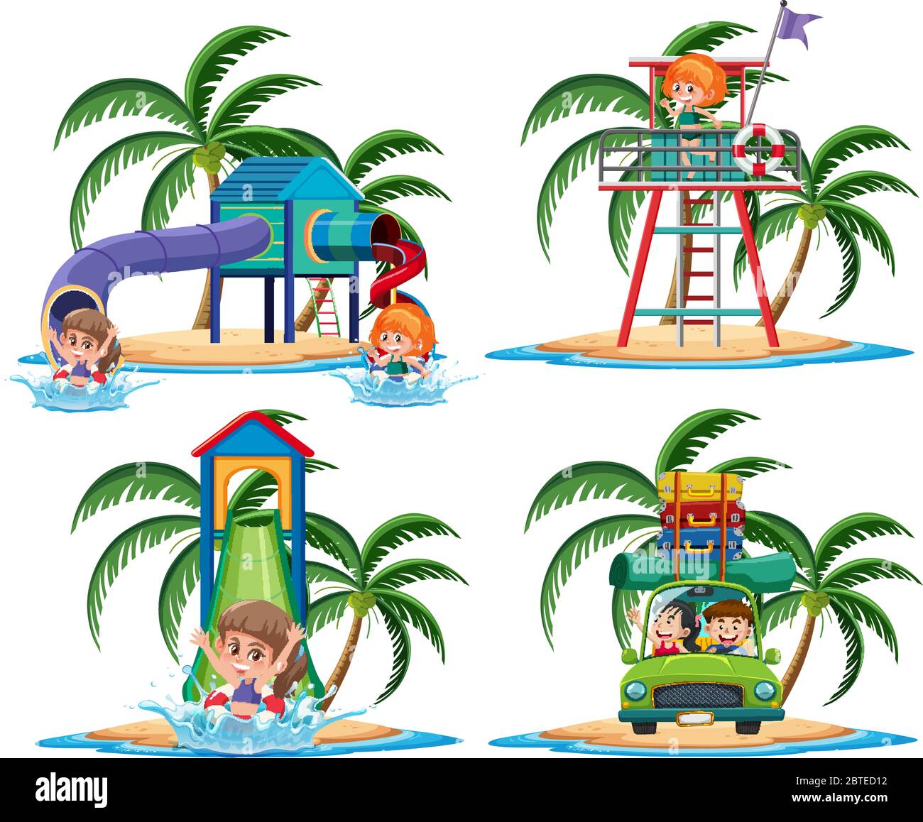Group of activities on the tropical island cartoon character on white ...