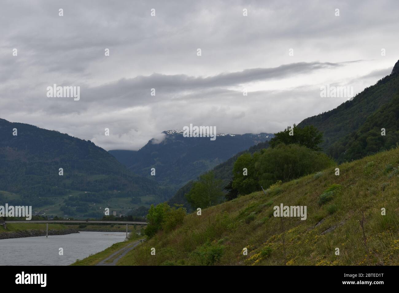 Landscape in Liechtenstein at the rhine river Stock Photo - Alamy