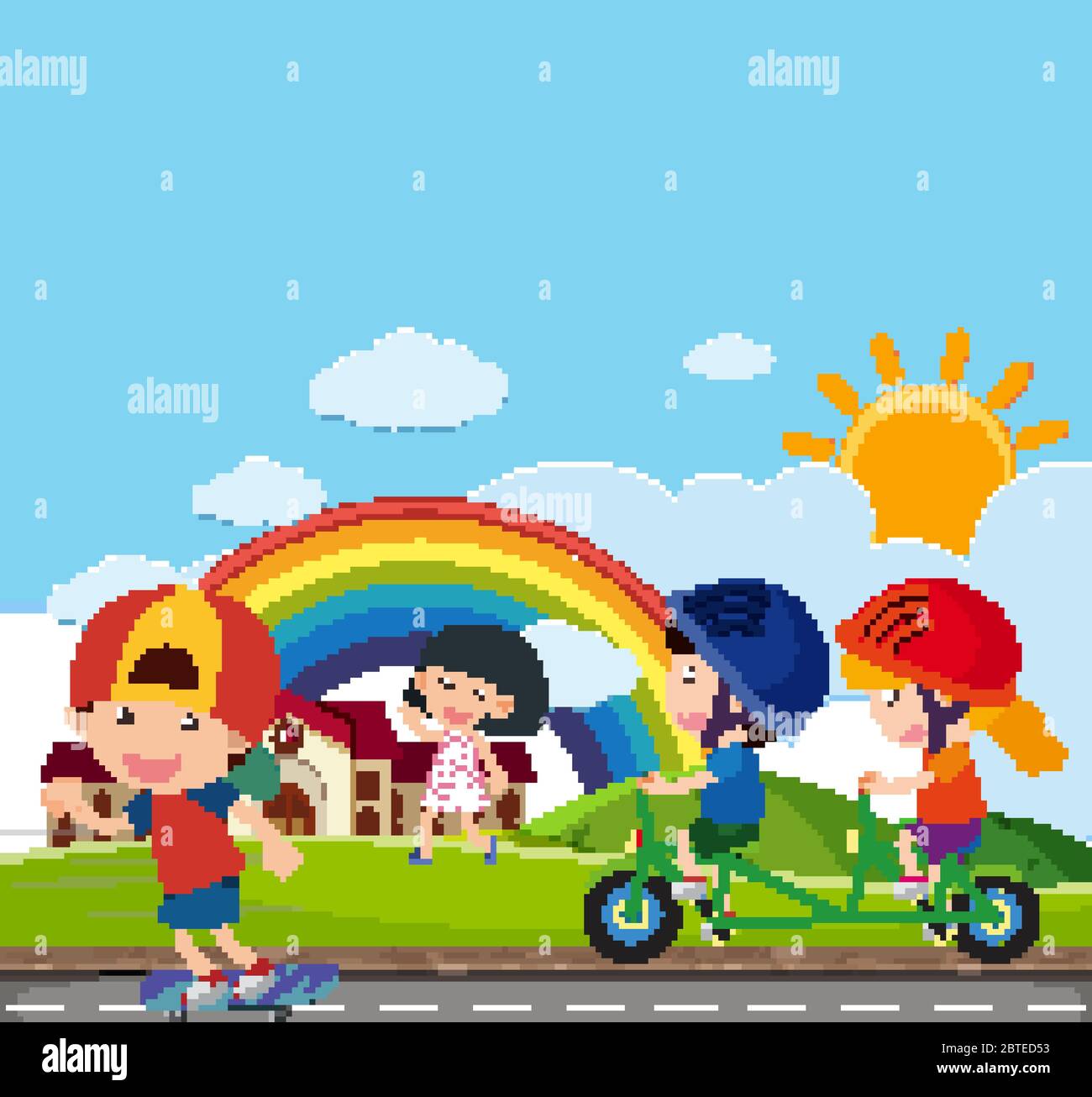 Background scene with many kids riding on the road illustration Stock ...