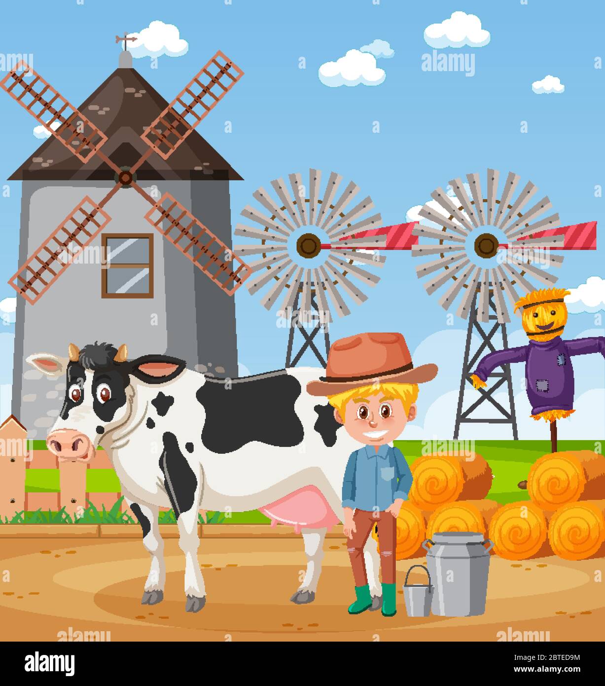 Scene with farmer and cow on the farm illustration Stock Vector Image ...