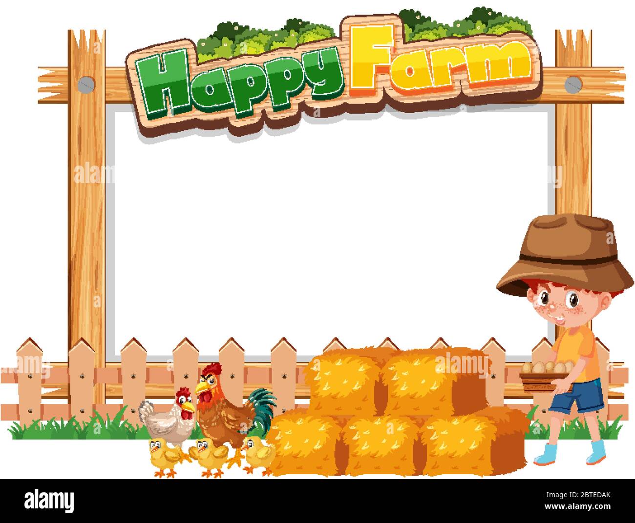 Background template with wooden frame and boy feeding chicken ...