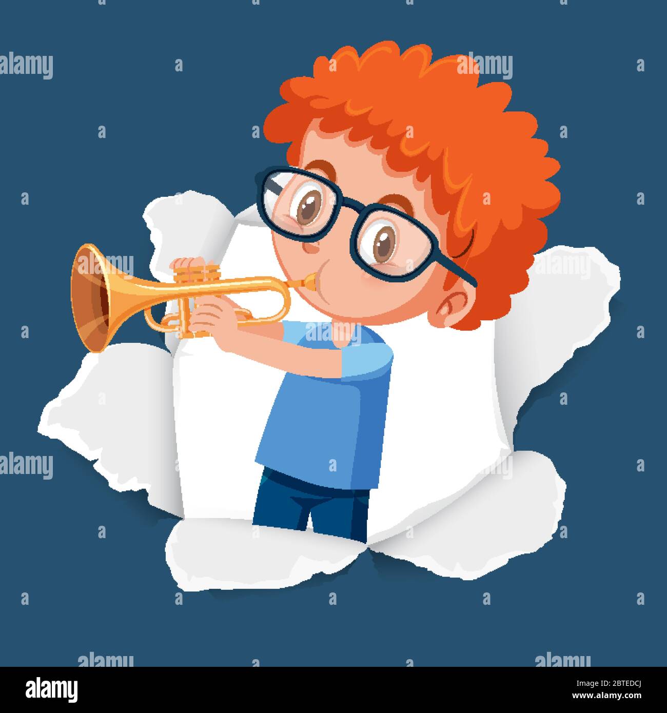 Background template design with happy boy playing trumpet illustration ...