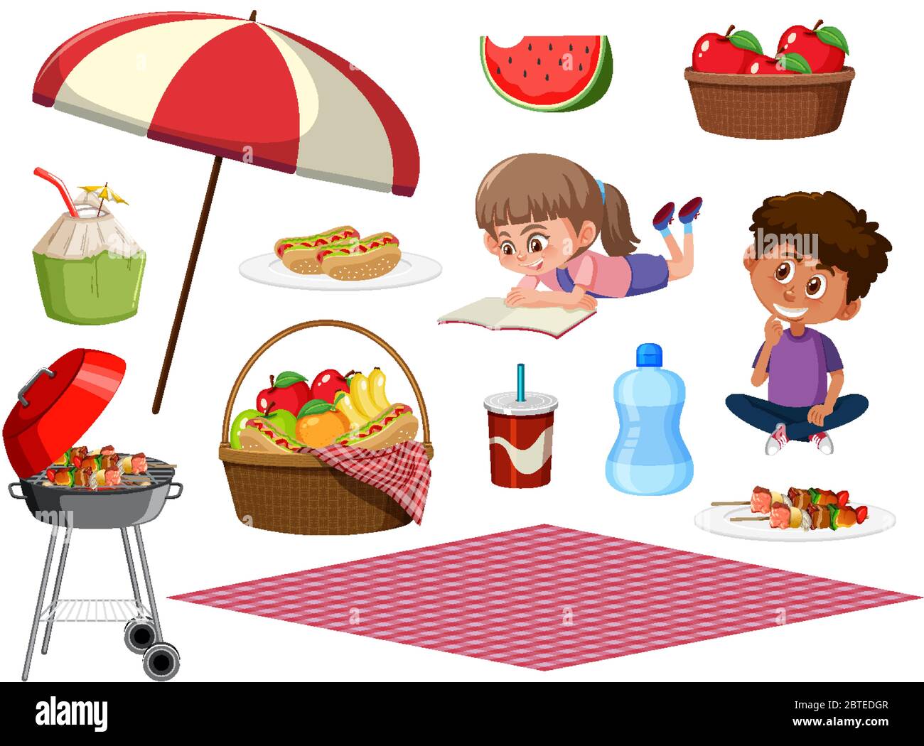 Picnic set with happy kids and food on white background illustration ...