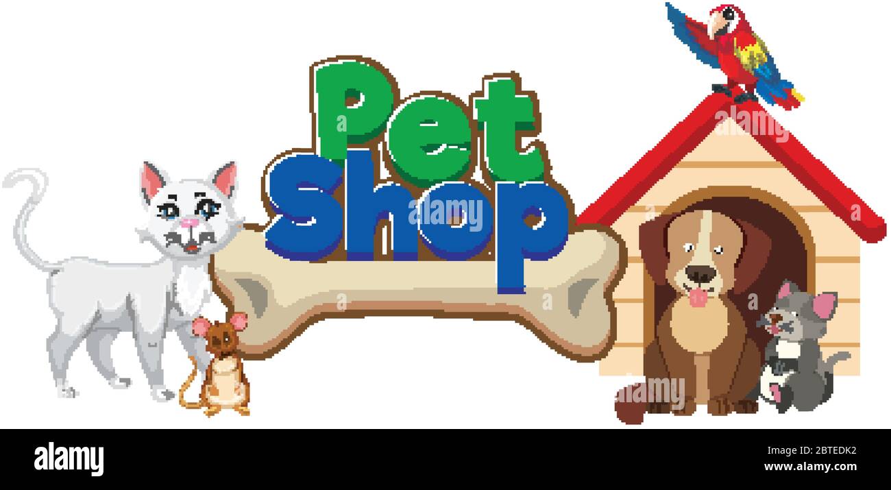 Font design for pet shop with many cute animals illustration Stock ...