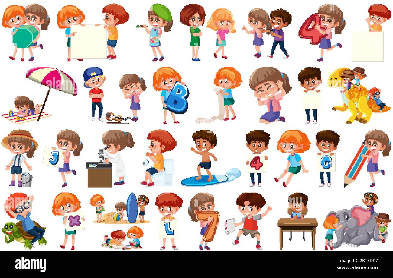Large set of children doing different activities on white background illustration Stock Vector ...