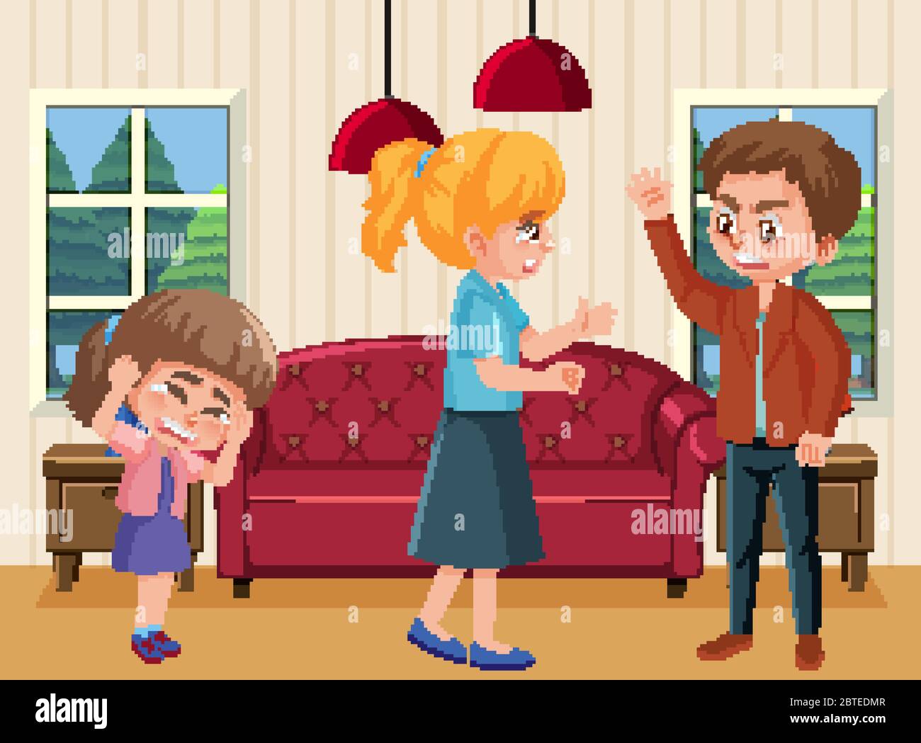 Scene with parents bullying their family at home illustration Stock ...