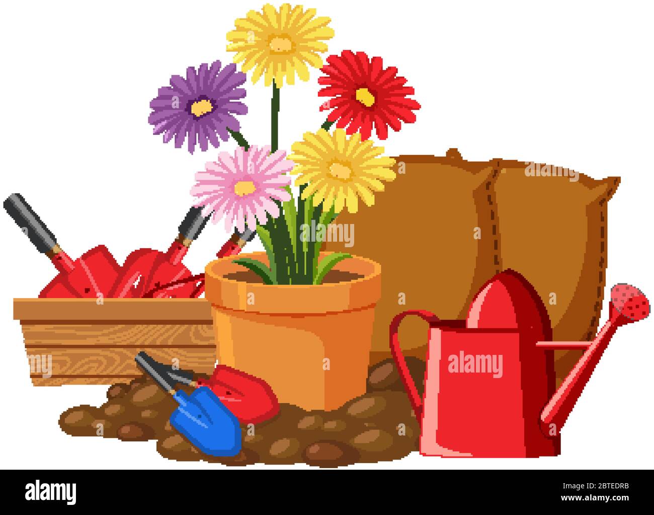 Colorful flowers and other gardening tools on white background ...