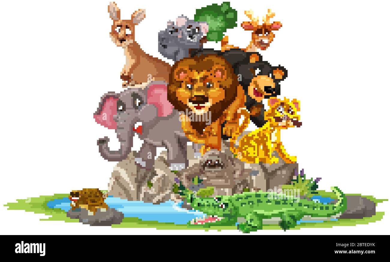 Wild animals standing on stone cartoon character on white background ...