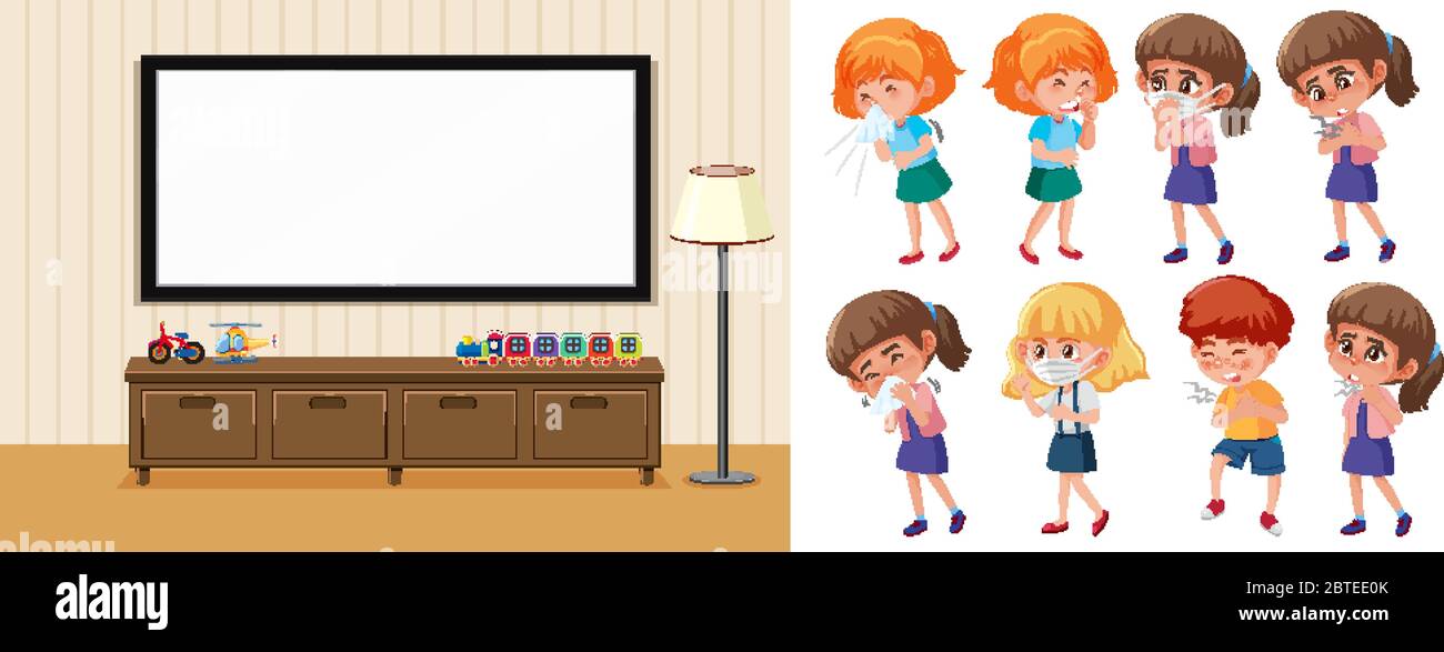 Home scene and set of sick children on white background illustration ...