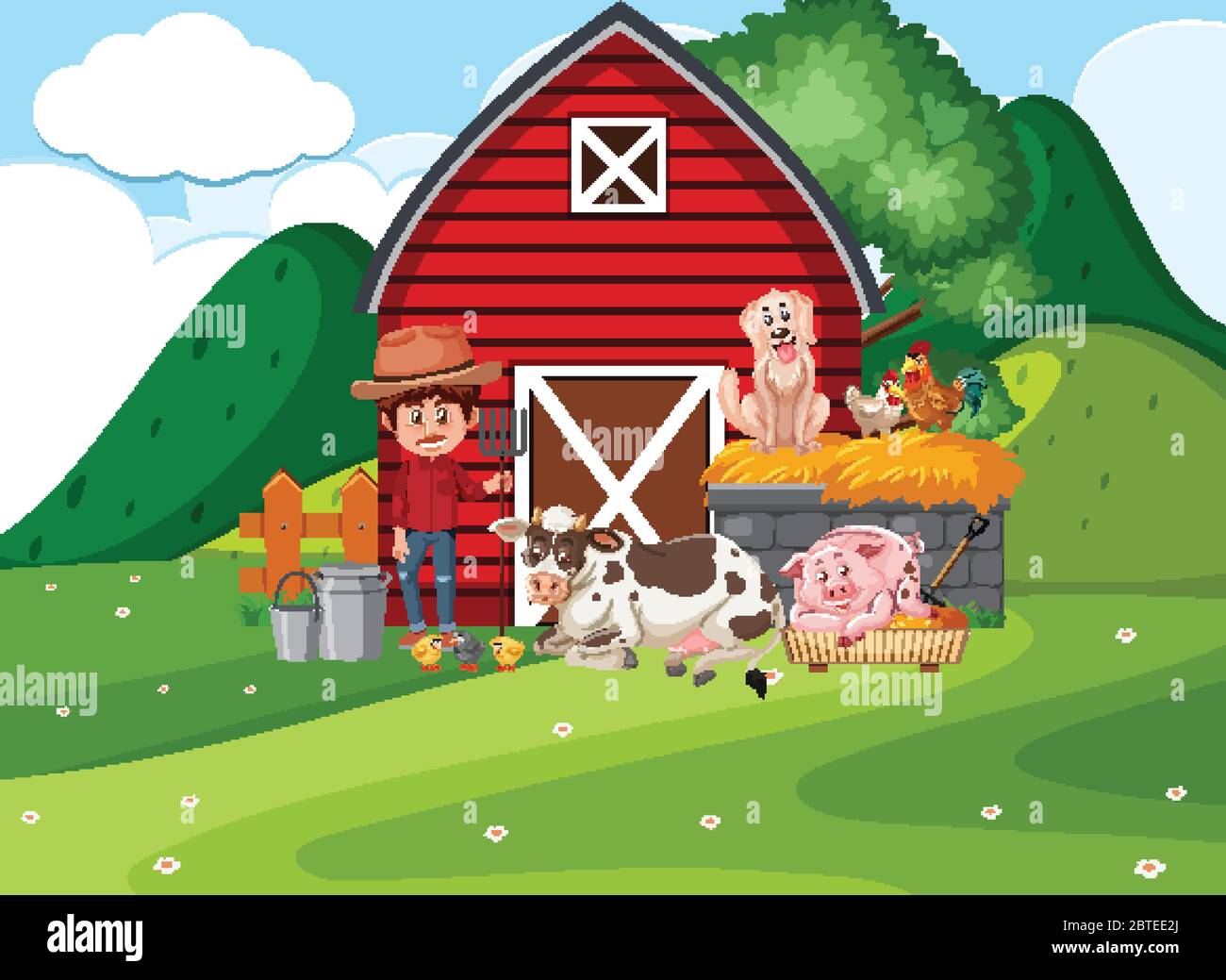 Farm scene with farmer and many animals on the farm illustration Stock ...
