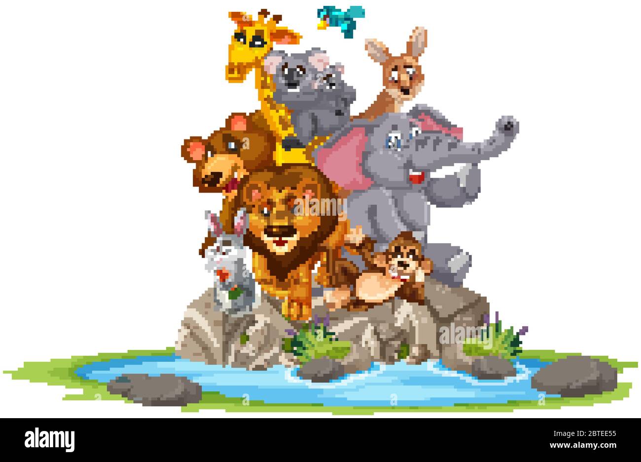 Wild animals standing on stone cartoon character on white background ...