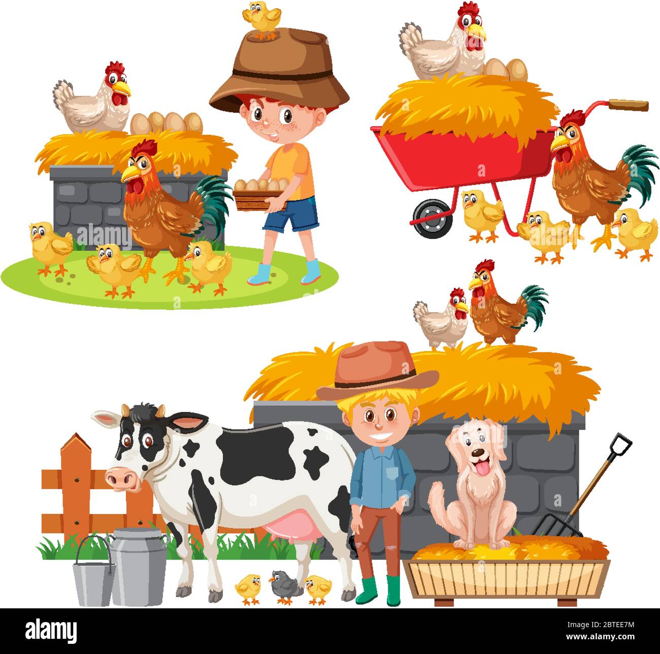 Set of farmers and farm animals on white background illustration Stock ...