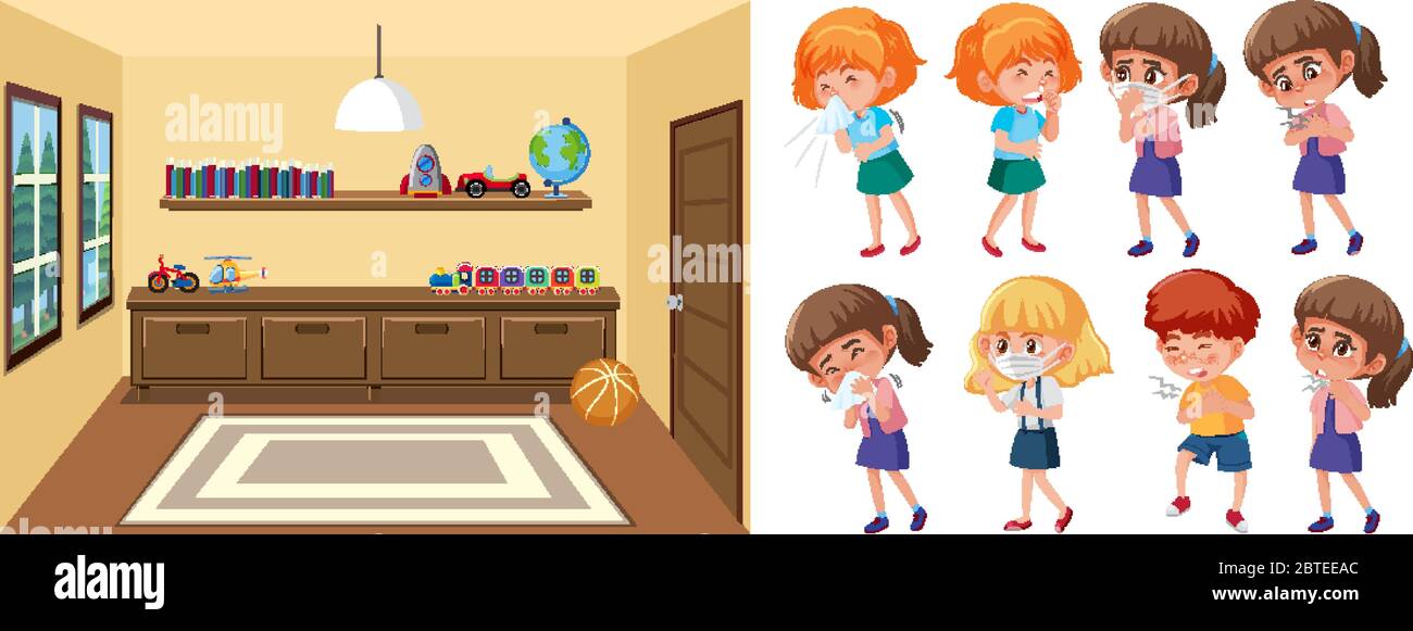 Background scene of classroom and set of sick boys and girls ...