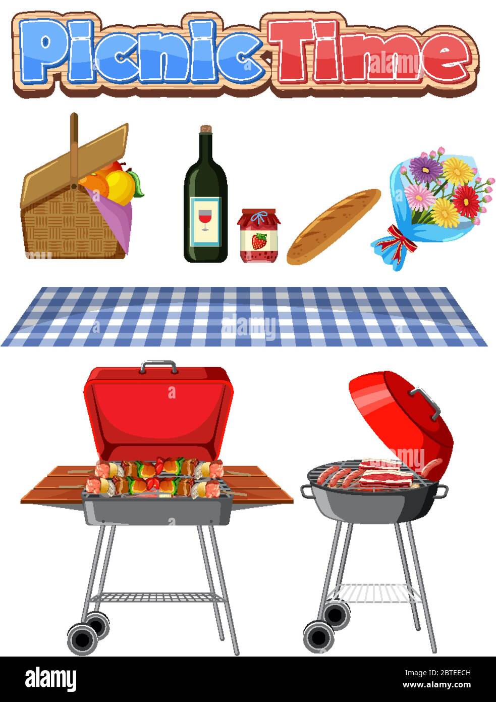 Picnic set with BBQ grill and food on white background illustration ...
