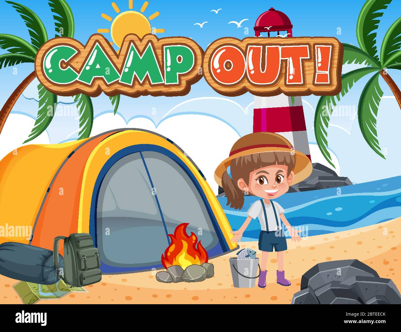 Font design for camp out with tent in the park illustration Stock ...