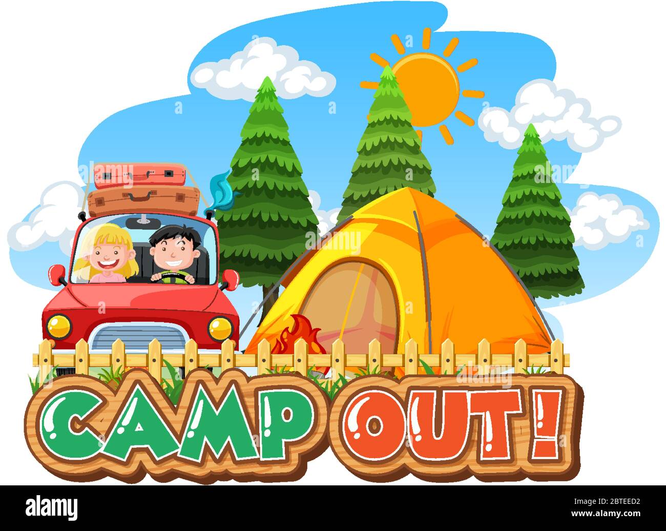 Font design for camp out with tent in the park illustration Stock ...