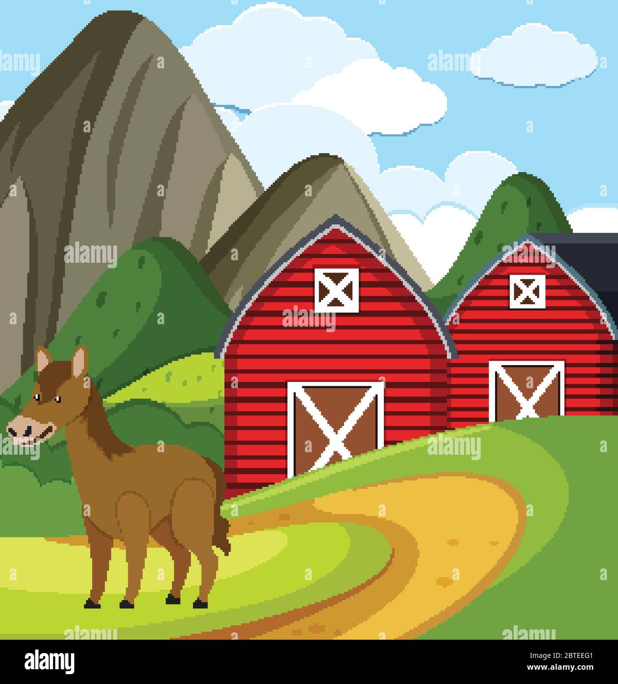 Farm scene with horse and red barns on the hills illustration Stock ...