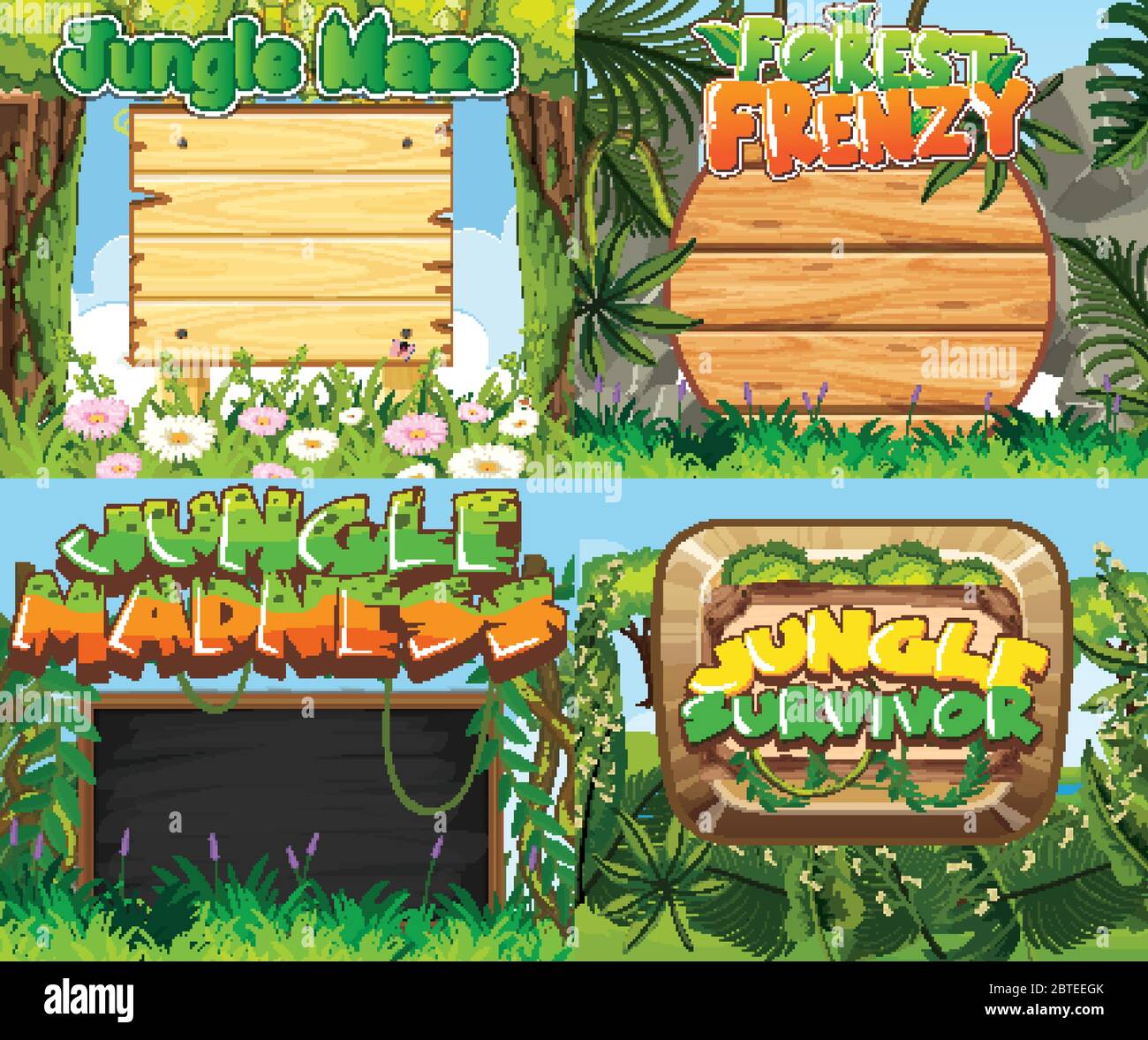 Four background design with wooden board in the forest illustration ...