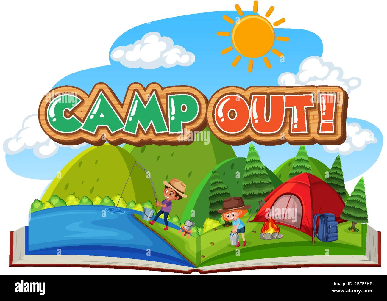 Font design for camp out with tent in the park illustration Stock ...