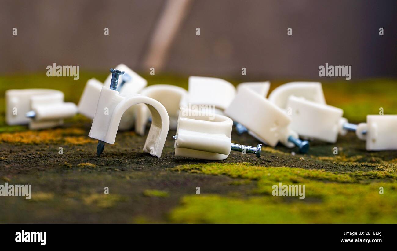 Close up of iron nails for cable support on the wall Stock Photo - Alamy