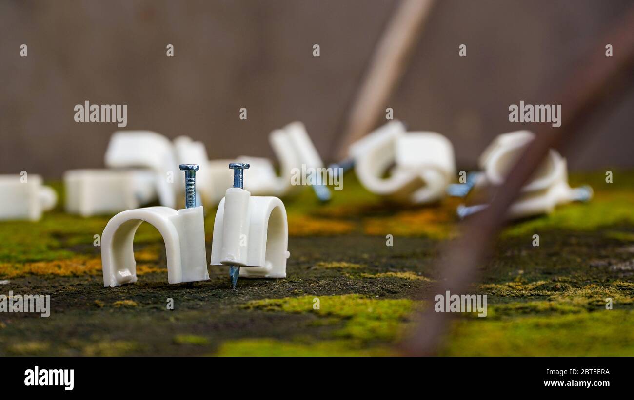 Close up of iron nails for cable support on the wall Stock Photo - Alamy