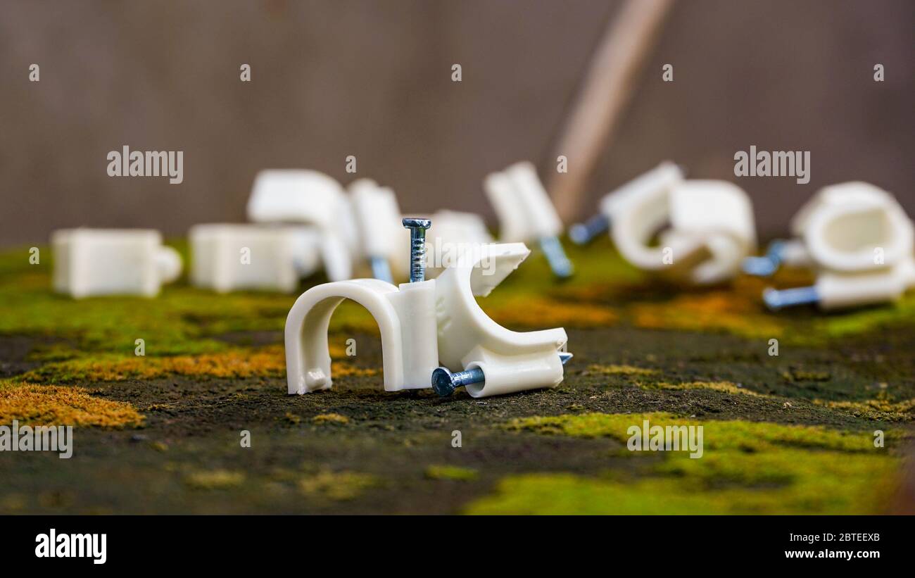 Close up of iron nails for cable support on the wall Stock Photo - Alamy