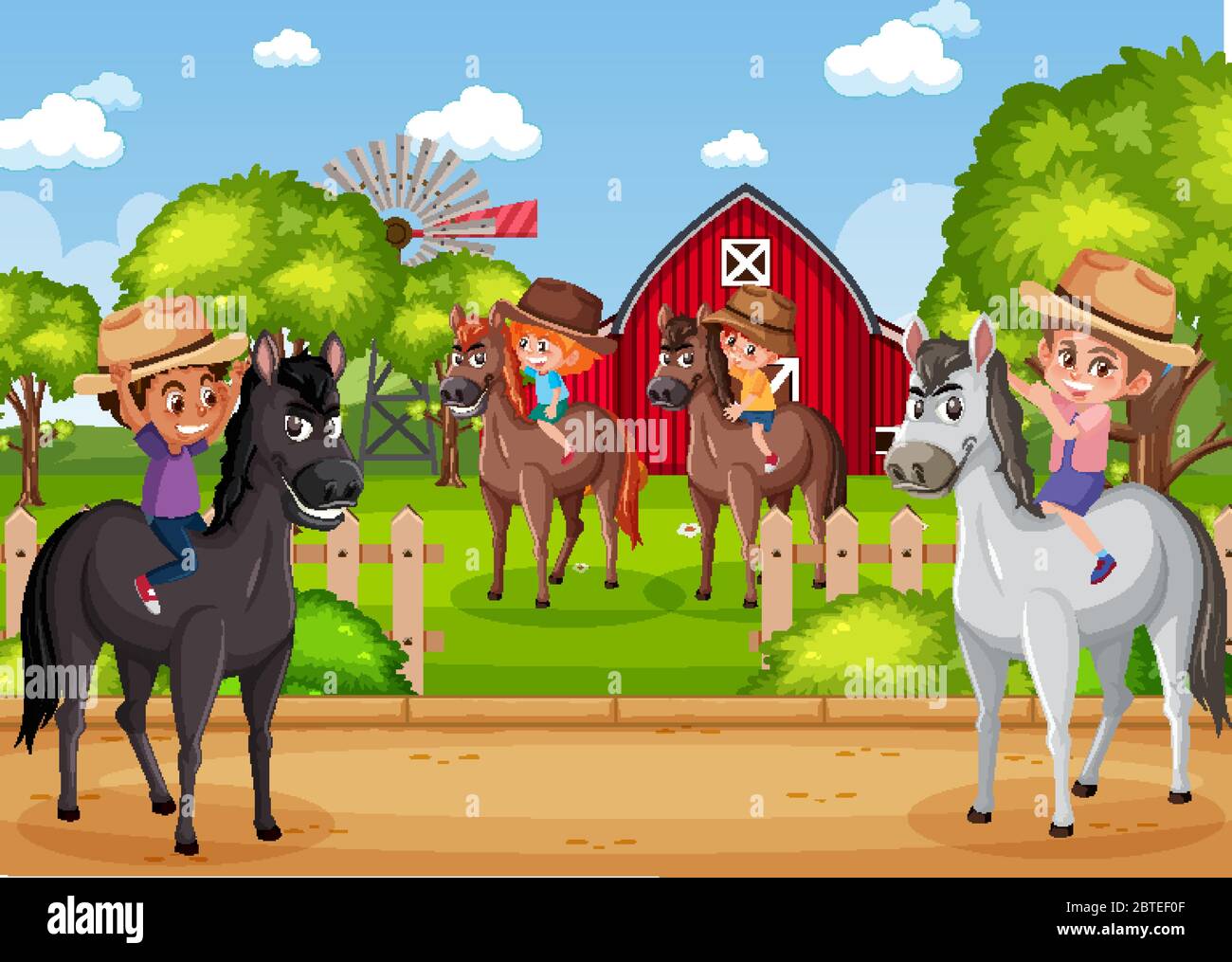 Background scene with kids riding horse in the park illustration Stock ...