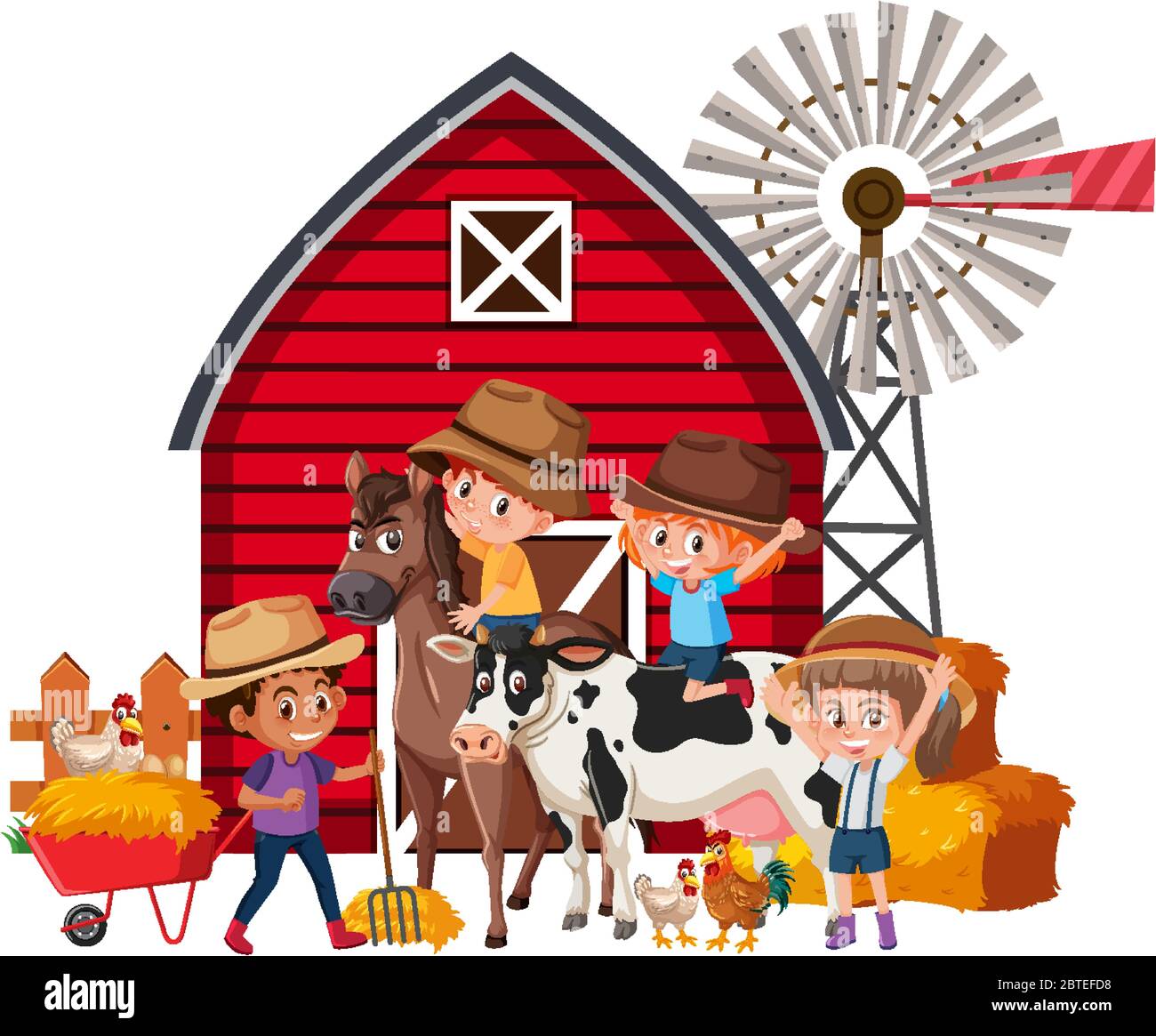 Many happy kids and farm animals on white background illustration Stock ...