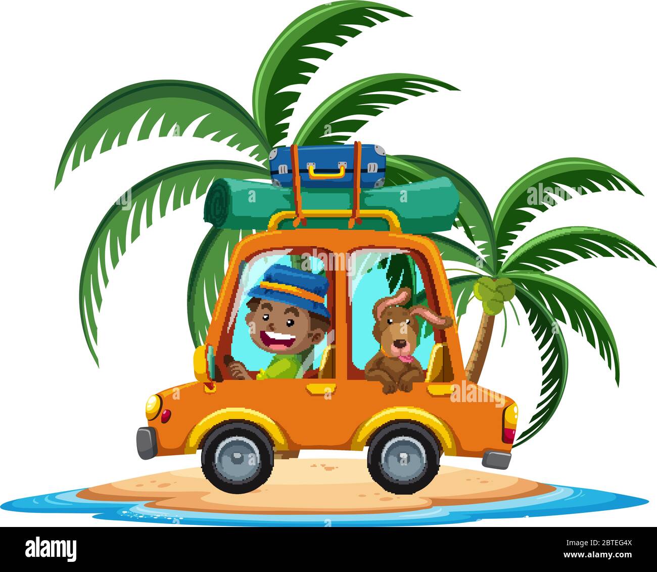 Tavelling car in tropical island splash water cartoon character on ...