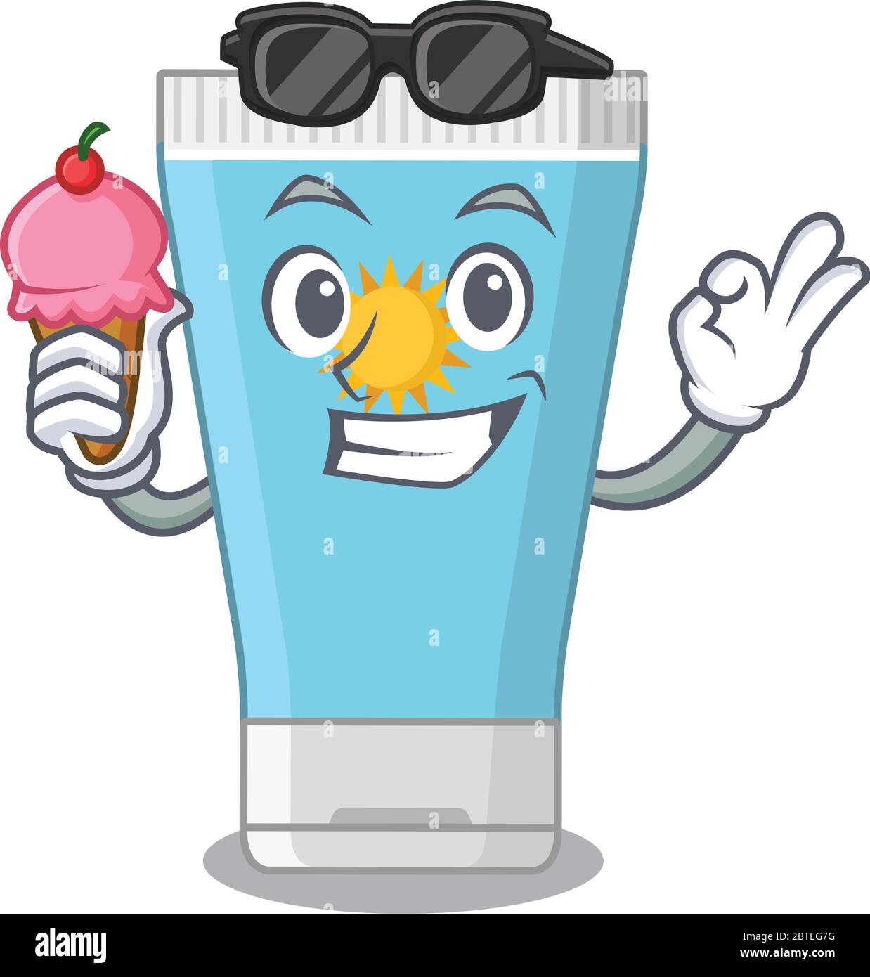 A cartoon drawing of sunblock cream holding cone ice cream. Vector ...