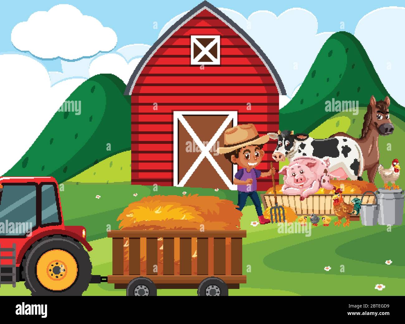 Farm scene with boy and animals on the farm illustration Stock Vector ...