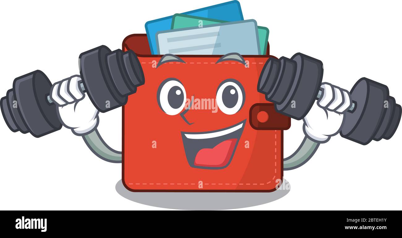 Card wallet mascot design feels happy lift up barbells during exercise ...