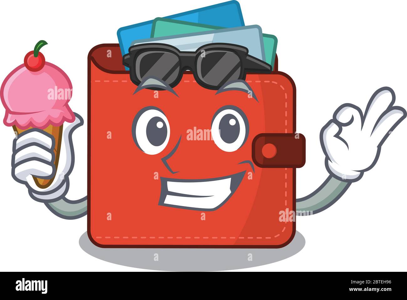 A cartoon drawing of card wallet holding cone ice cream. Vector ...