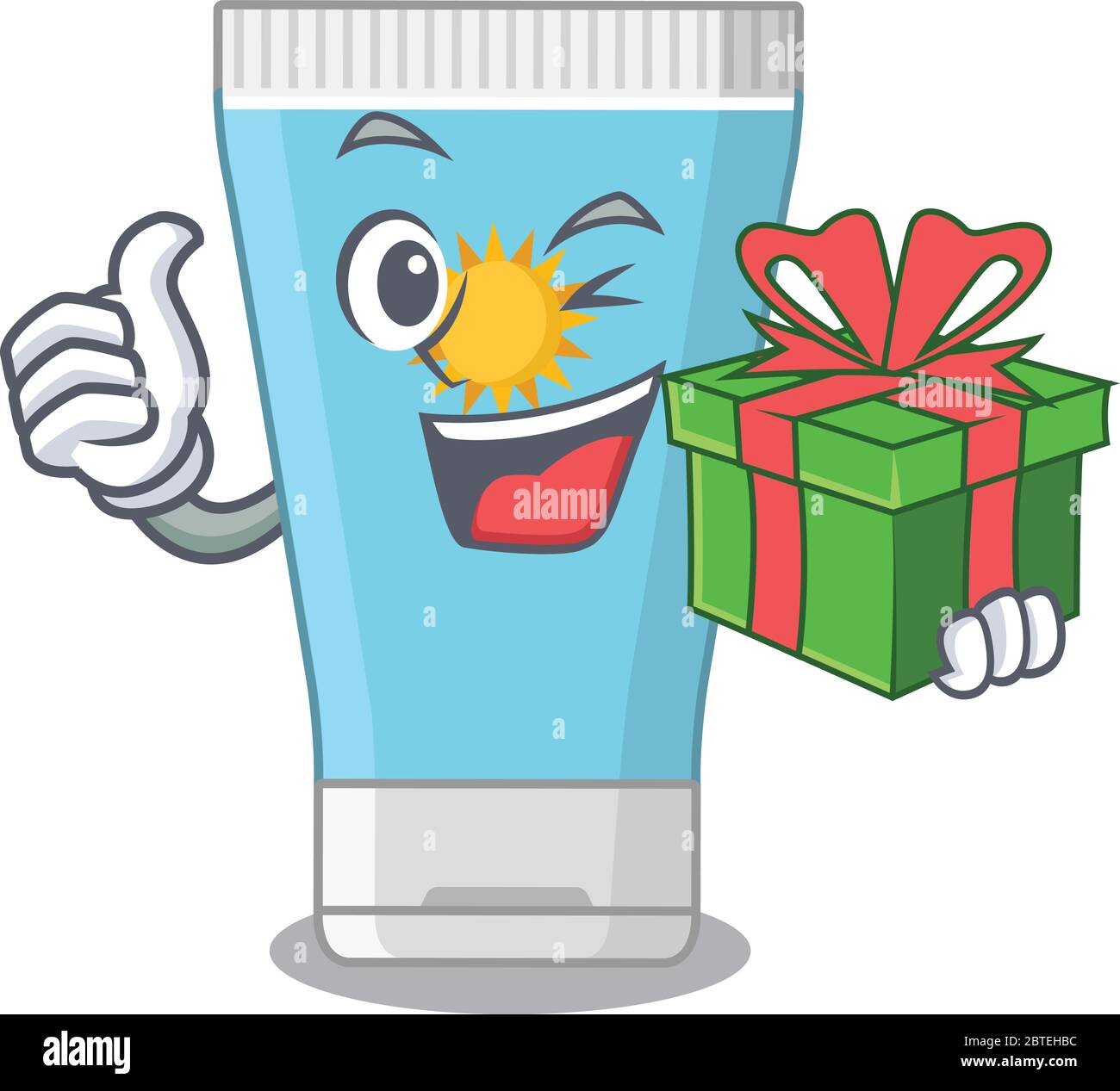 joyful sunblock cream cartoon character with a big gift box. Vector ...
