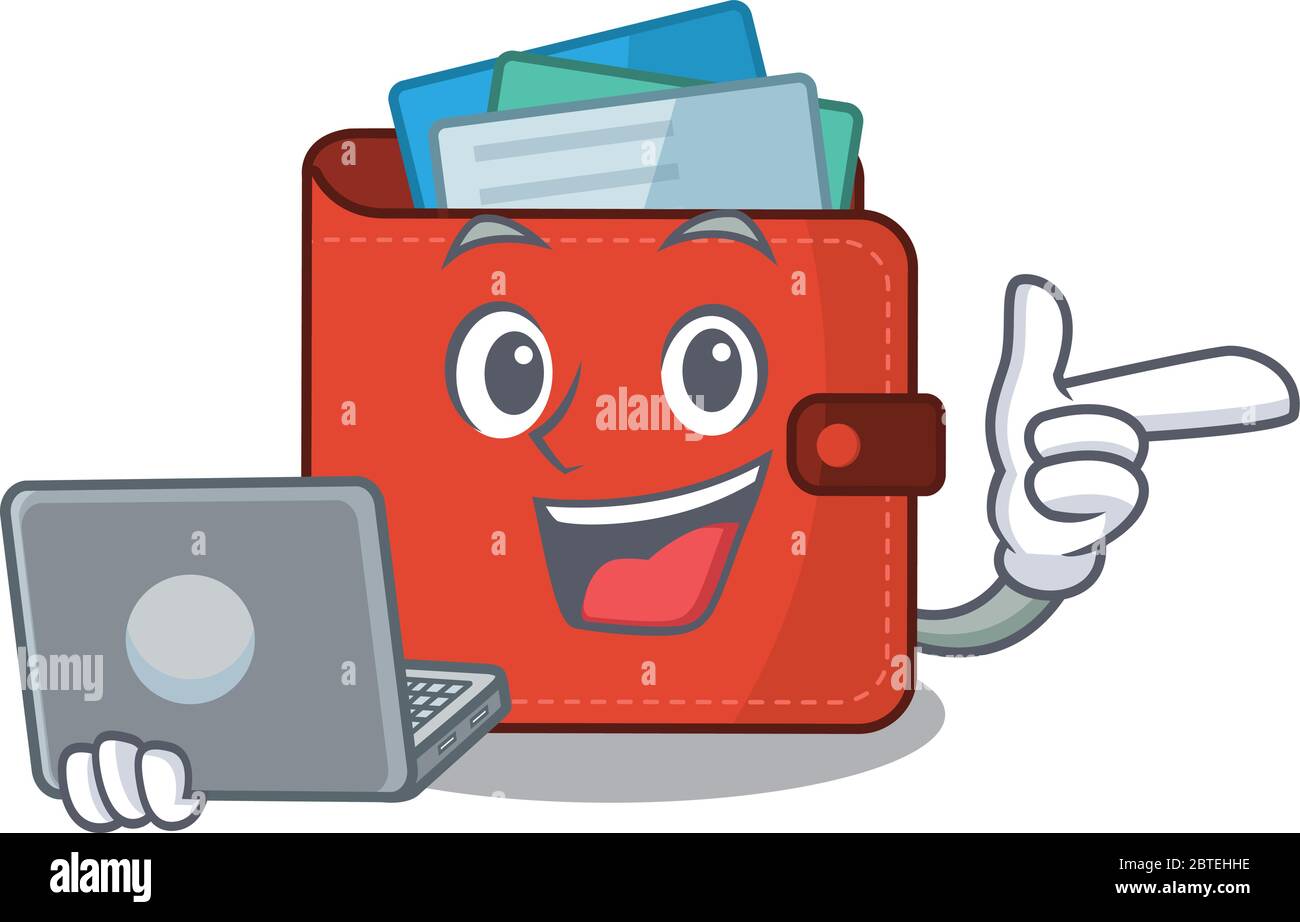 Smart cartoon character of card wallet studying at home with a laptop ...