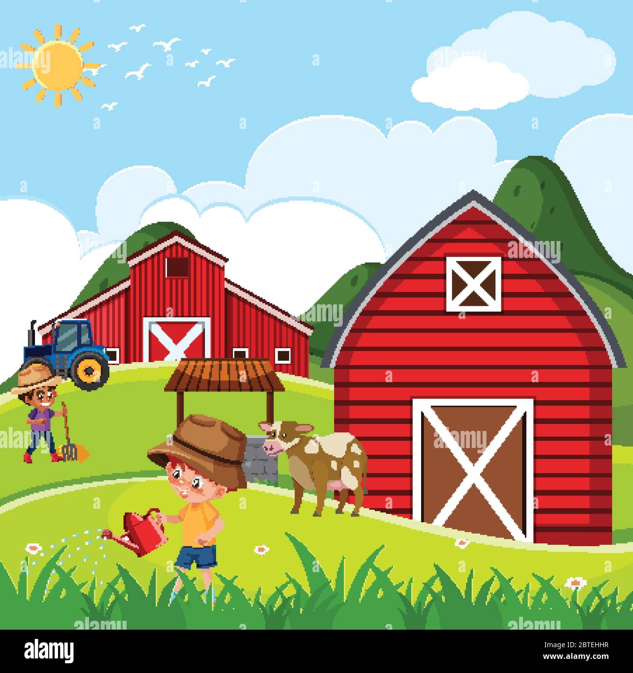 Farm scene with kids working on the farm illustration Stock Vector ...