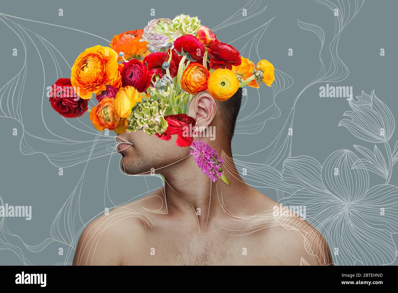 Portrait of beautiful man with modern floral design, inspiration ...