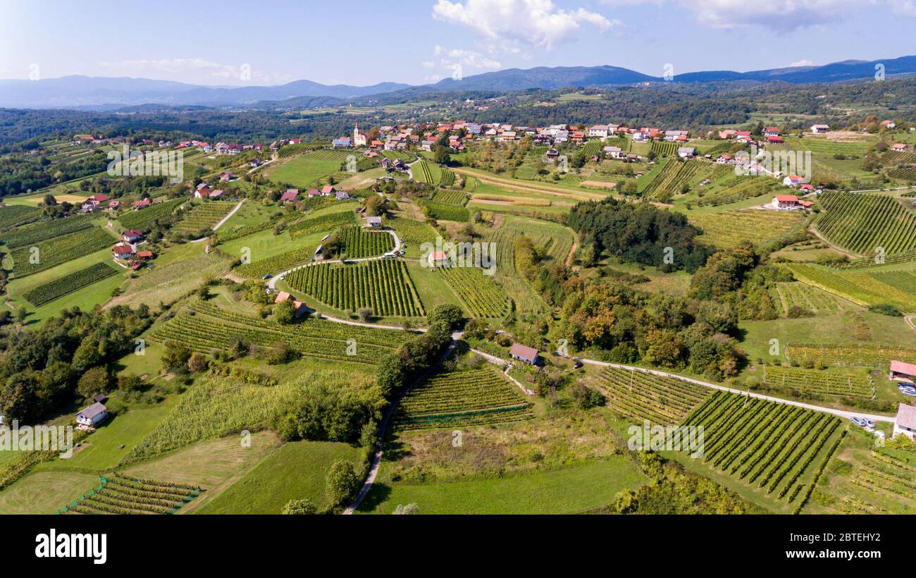 Spectacular countryside aerial view of many fields and vineyards Stock ...