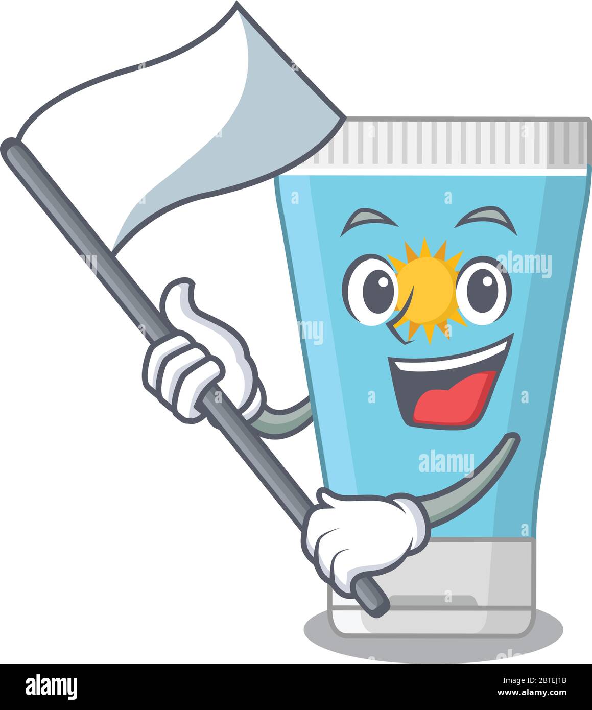 A heroic sunblock cream mascot character design with white flag. Vector ...