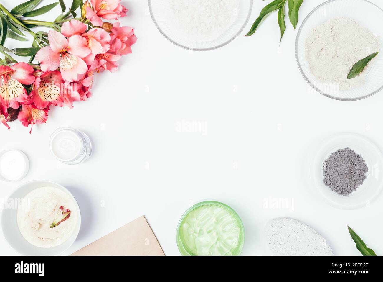 Flat lay frame of ingredients for homemade skin care cosmetics, creams ...
