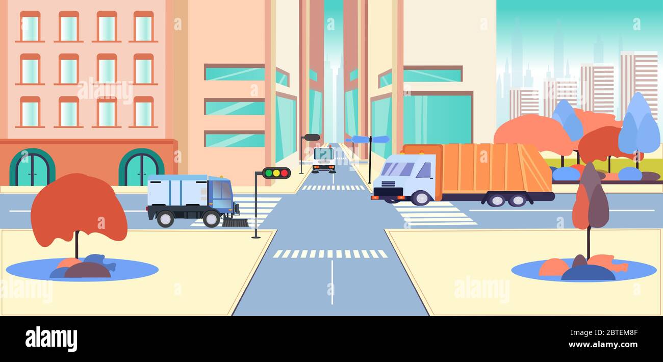 Vector of a downtown with street sweeper machines and garbage truck ...